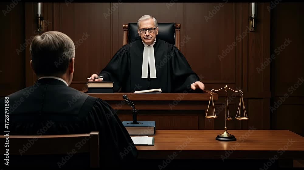 Judgement and Justice The Judge Delivers a Verdict Inside a Courtroom ...