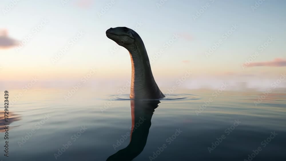 Nessie, a mythical cryptid and sea monster, swims deeply underwater in ...
