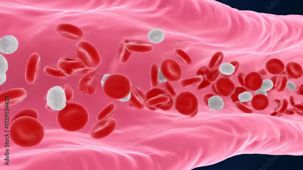 Red and white blood cells flowing through a blood vessel, detailed 3d ...
