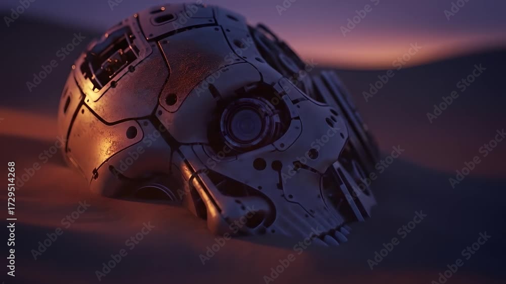 Cyborg skull lies in dystopian desert, evoking sci-fi themes ...