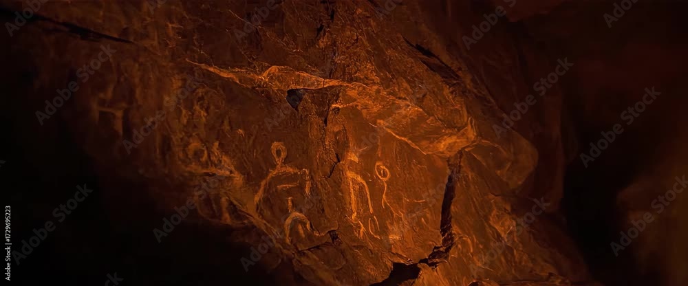 Ancient cave paintings illuminated by firelight, revealing historical ...