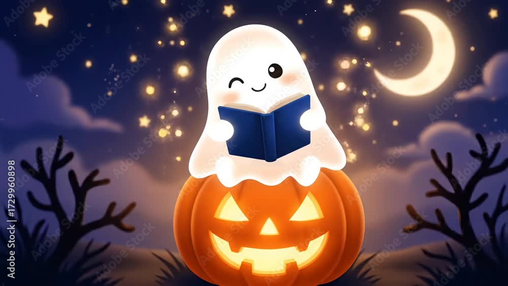 Cute Ghost Reading a Magical Book on a Jack-o'-lantern - Animated ...
