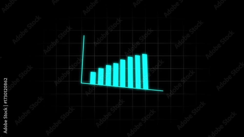 Cyan bar graph with grid overlay black background 4k. Business graph ...