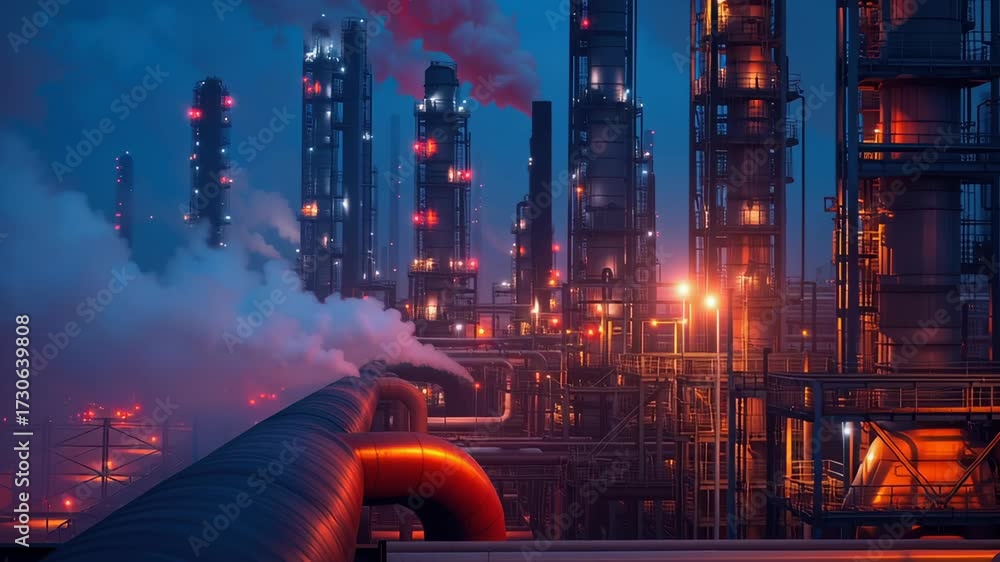Twilight petrochemical disaster, emergency lights glowing against ...