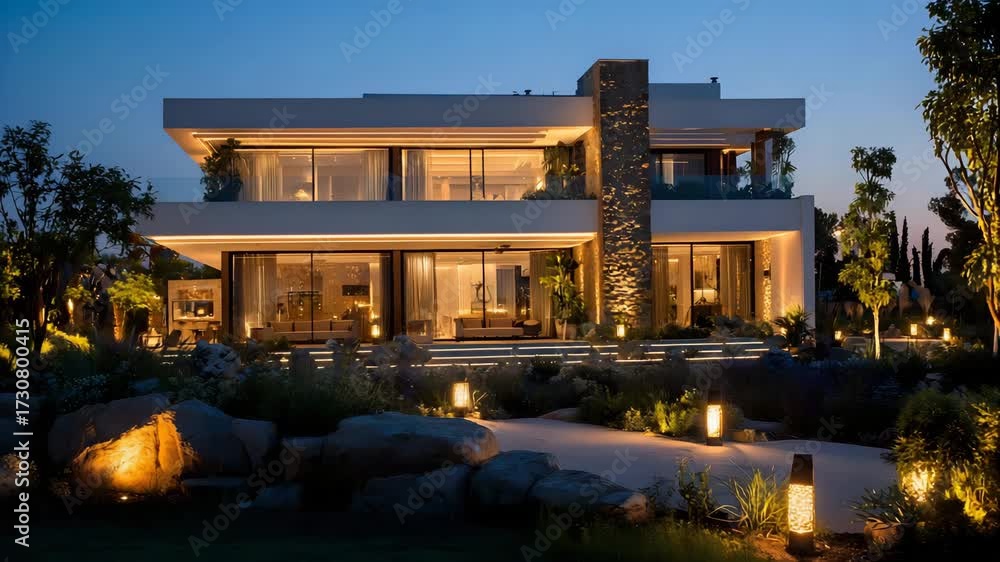 Luxury modern villa glowing under golden lighting, landscaped garden ...