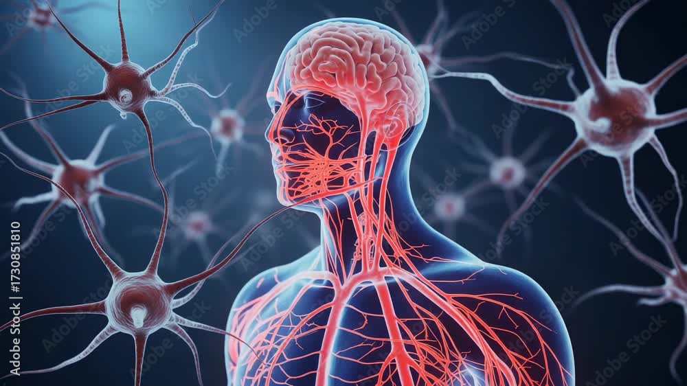 Human nervous system model with neuron cells and brain activity in blue ...