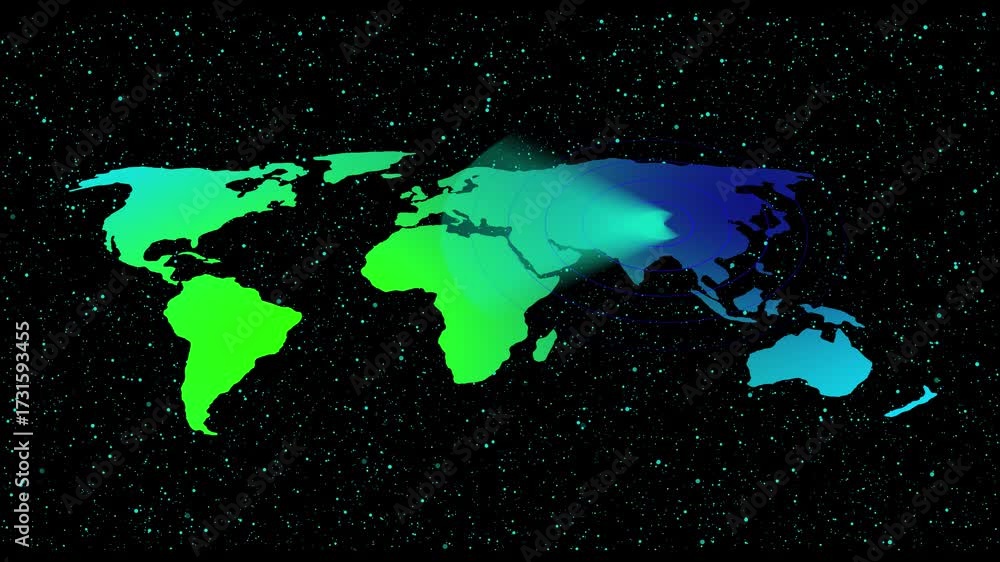 Global digital world map glowing green and blue continents starry ...