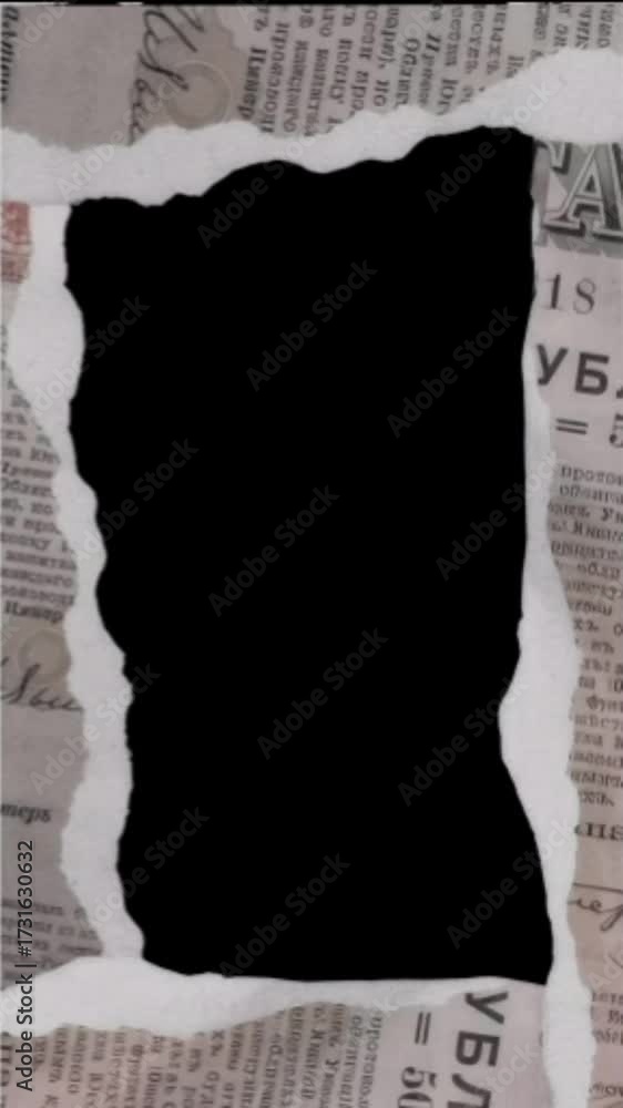 Vertical torn paper frame with old newspaper texture surrounding a ...