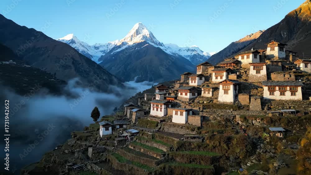 Traditional houses of a peaceful bhutan village nestled in a valley ...