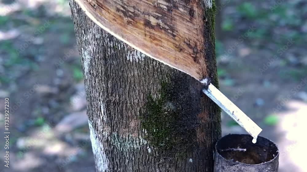Rubber trees whose rubber sap is being extracted to be processed and ...