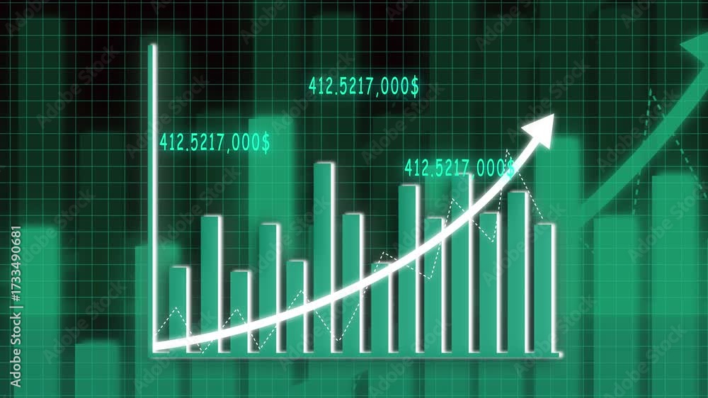 Bar chart in green with white arrow and dotted line graph visualizing ...