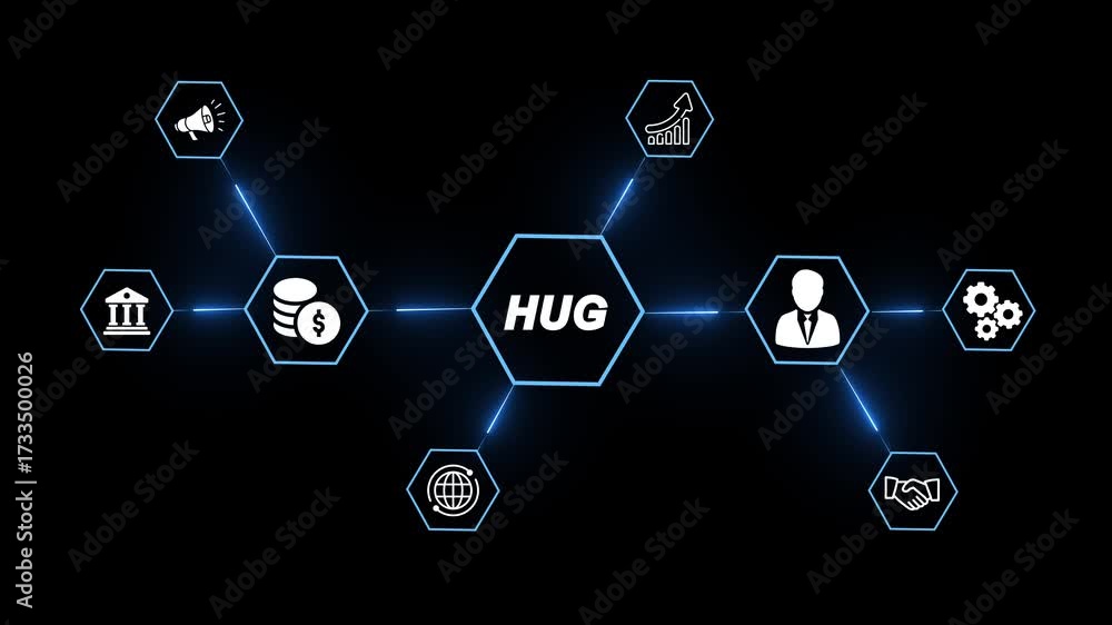 Business network diagram with H U G central concept connecting finance ...
