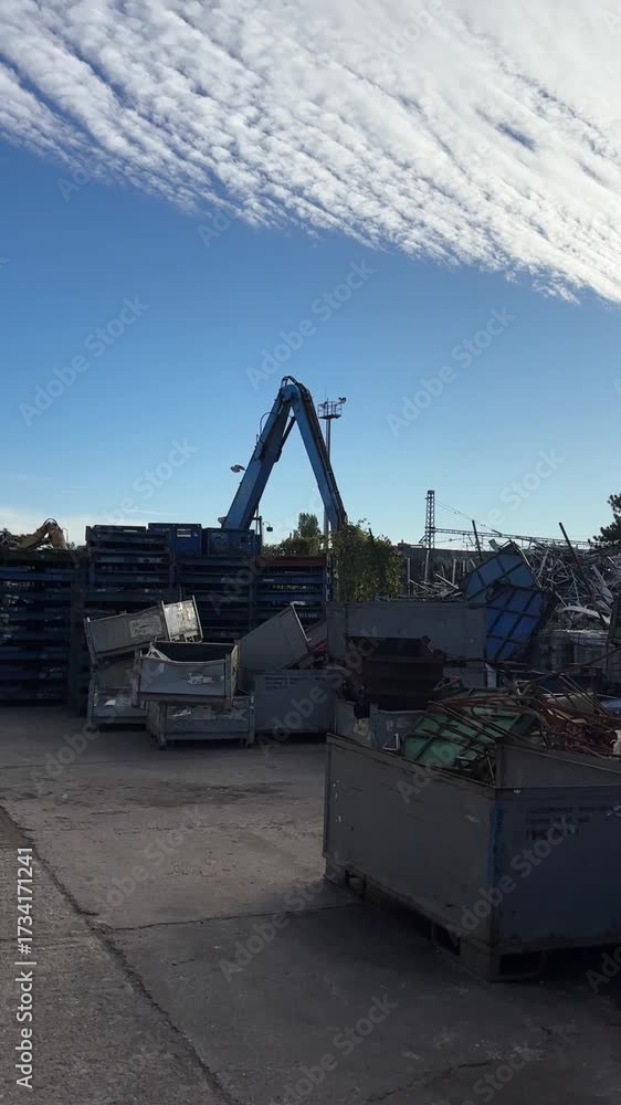 Vidéo Stock heavy blue scrap metal handler machine with a claw grabbing ...