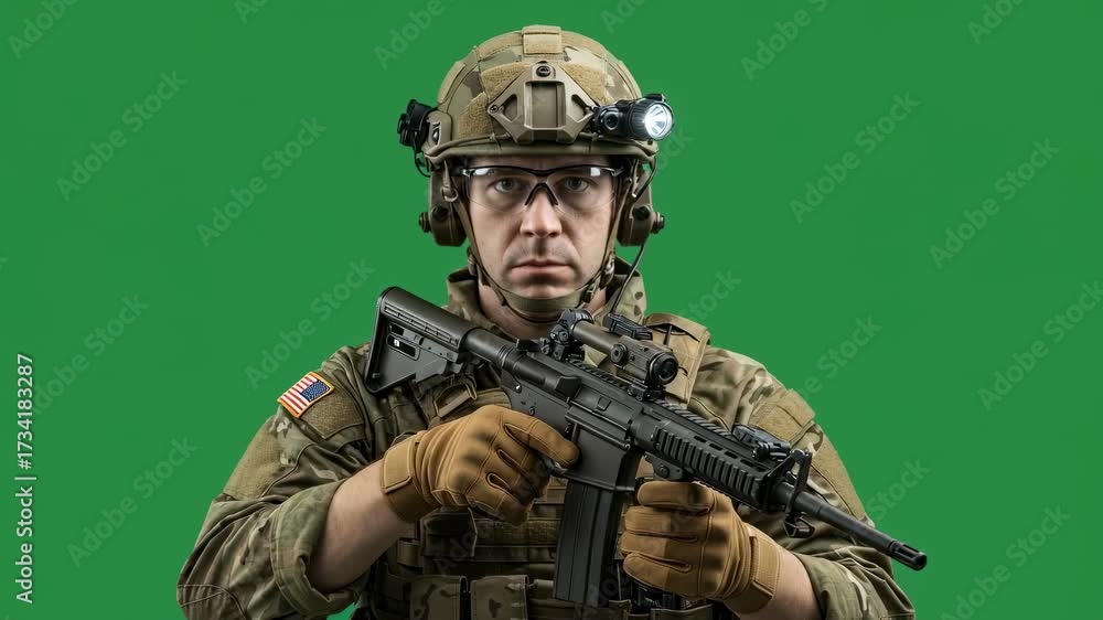 Soldier in helmet and tactical gear holding assault rifle in different ...