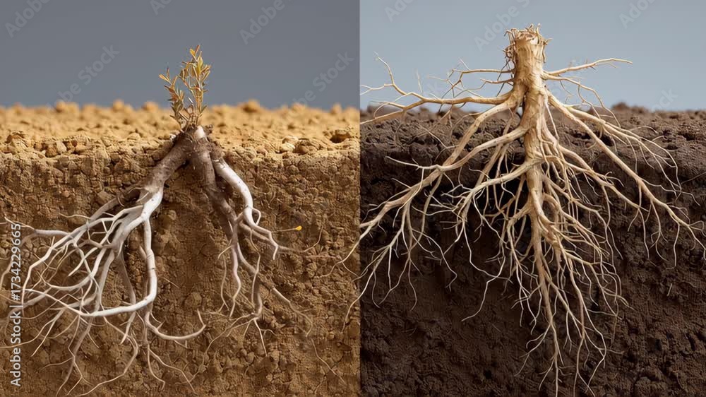 Root system concept ,shallow root system dry soil deep root system ...