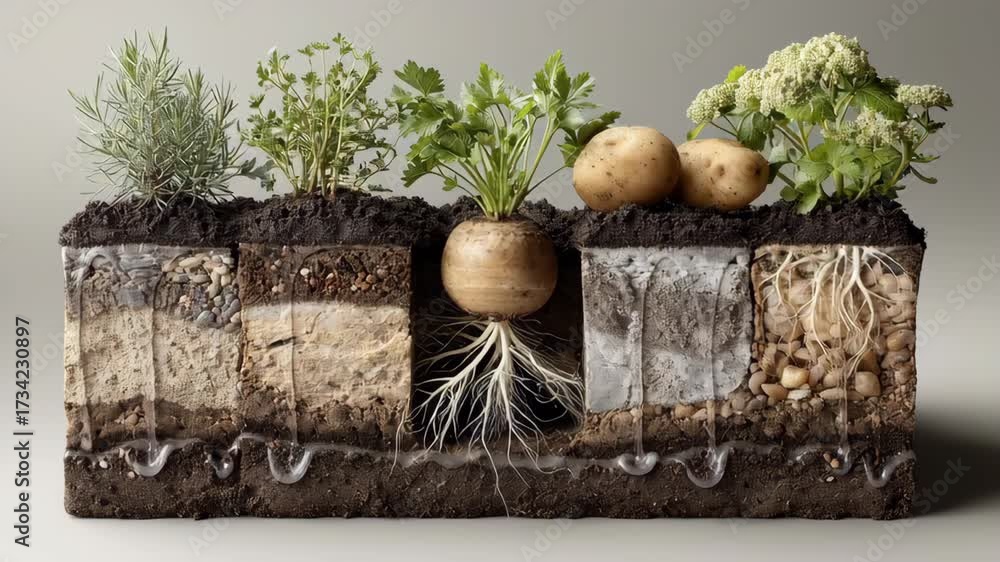 Root system concept ,Herb root and tuber cross section revealing soil ...
