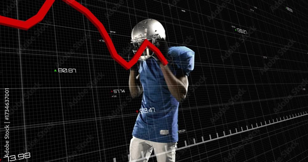 Football player lifting helmet to head as red performance line dipping ...