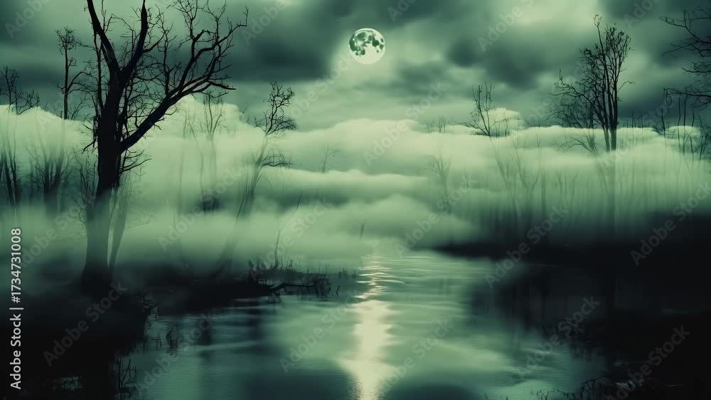 Full moon rising over swamp with bare trees and eerie fog. Spooky ...