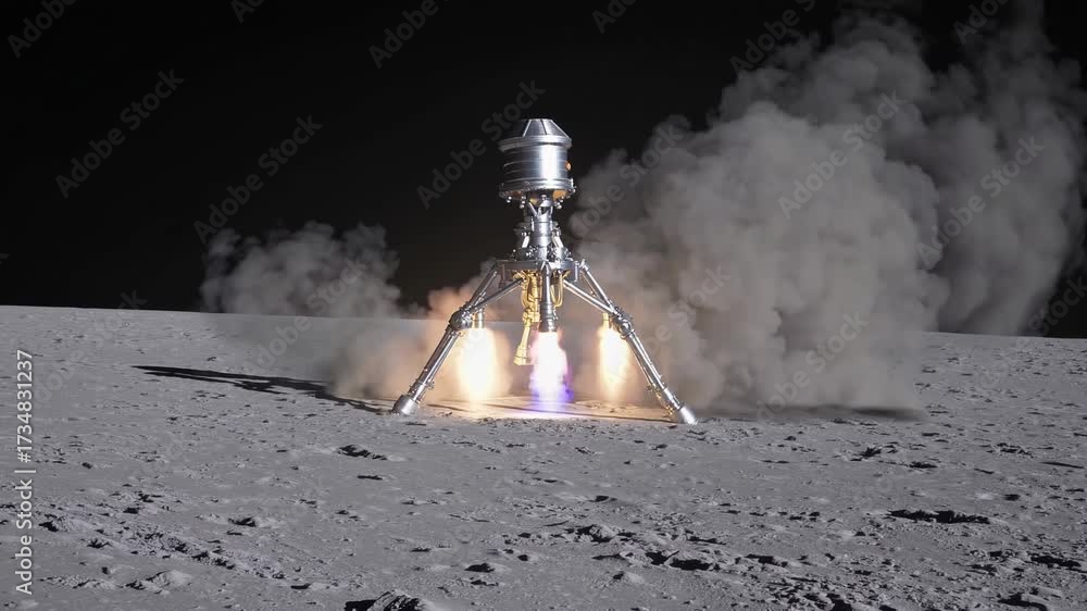 Lunar lander descends on the moon surface, its engines firing and ...