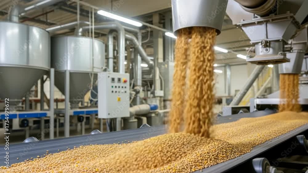 Golden granular material pours from multiple chutes onto moving ...