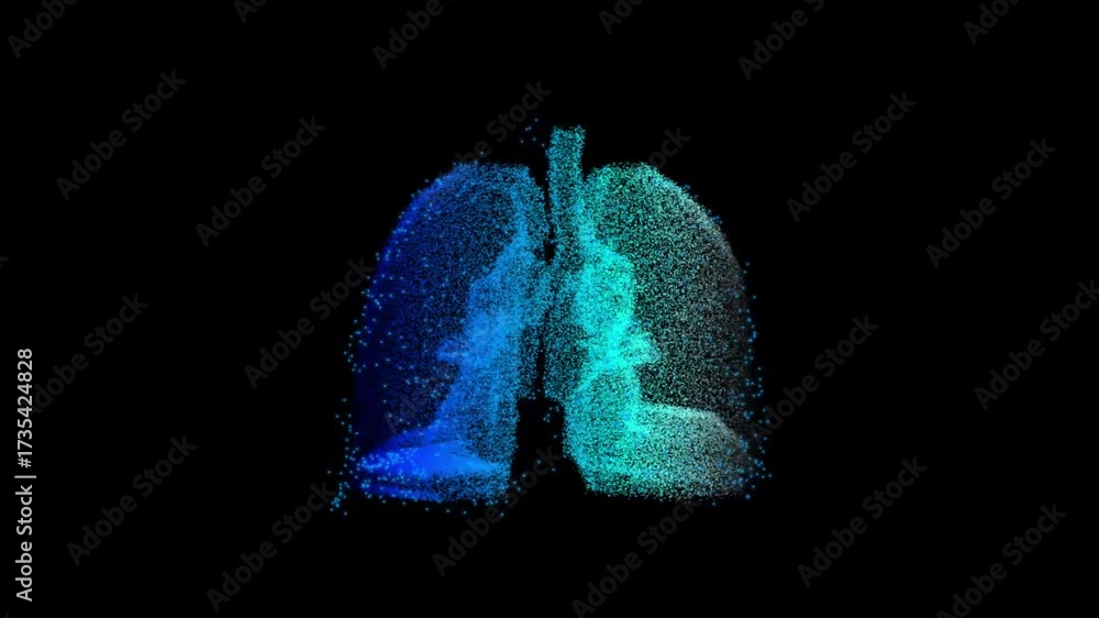 Blue and green light dot formation human lung model. Motion animated ...