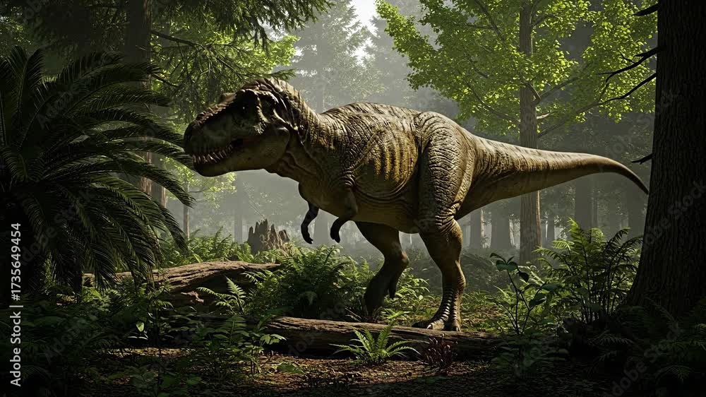Dinosaur Tyrannosaurus Rex is stomping on the spot in prehistoric ...