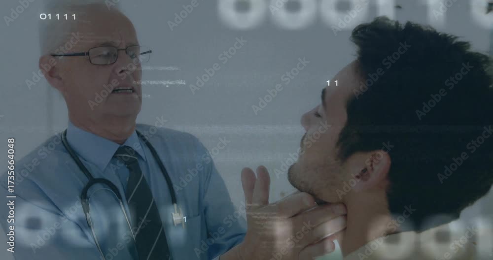 Physician sliding hand under patient's chin, palpating lymph nodes for ...