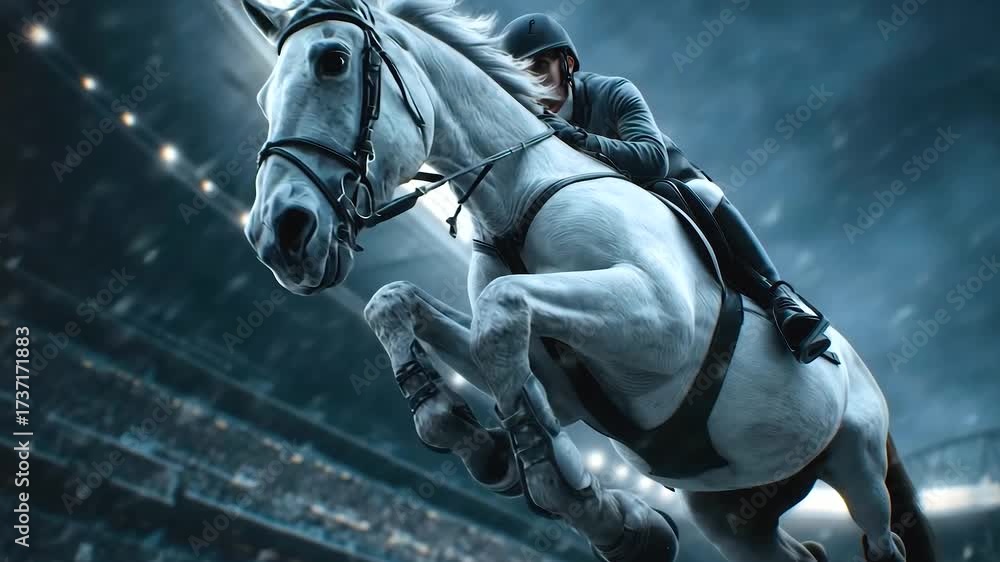 Equestrian athlete riding white horse jumping over obstacle grand ...