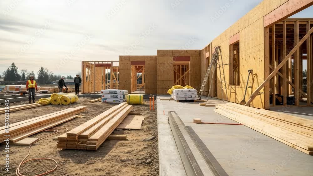 Construction site shows new home being built with lumber and equipment ...