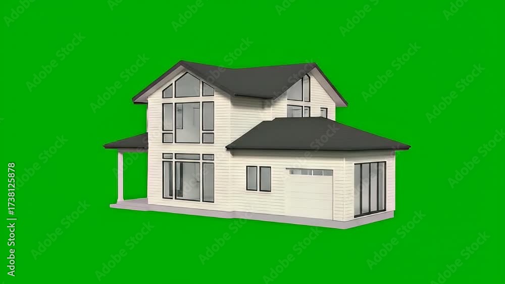 Animation A 3D model of a modern two-story family house with a garage ...