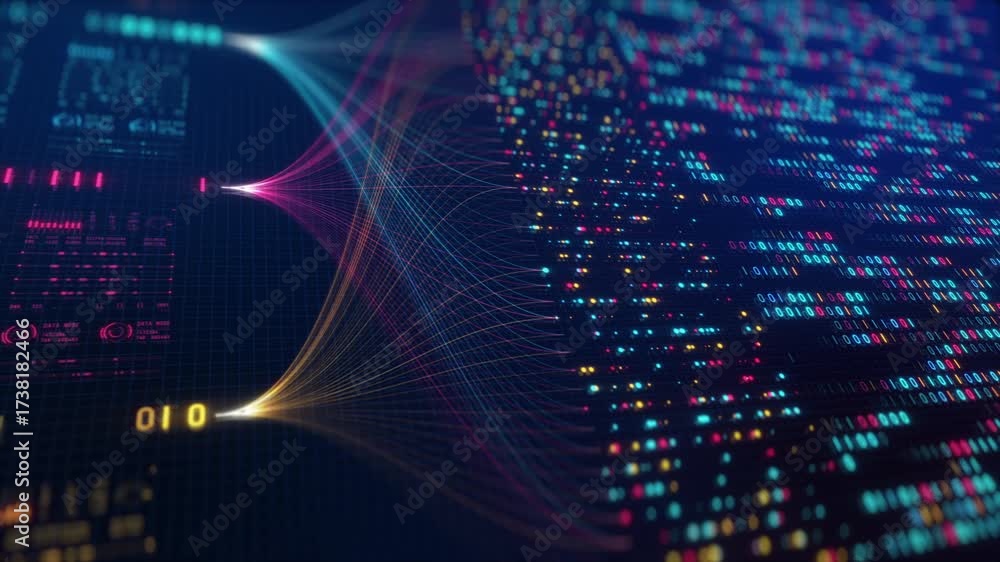 Neural Network Big Data Flow Visualization, Binary Code Matrix, AI Machine Learning Abstract ...