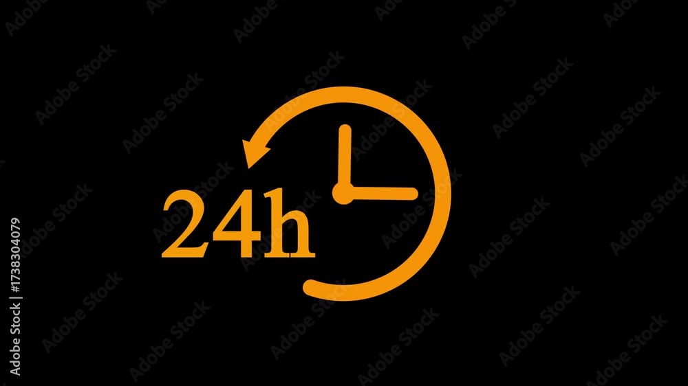 24 hours clock with circle arrow animation on black background. 24 ...