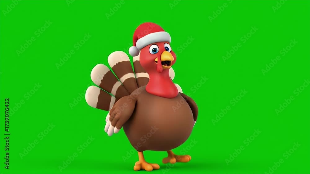 A cute animated turkey character wearing a Santa hat performs a walking ...