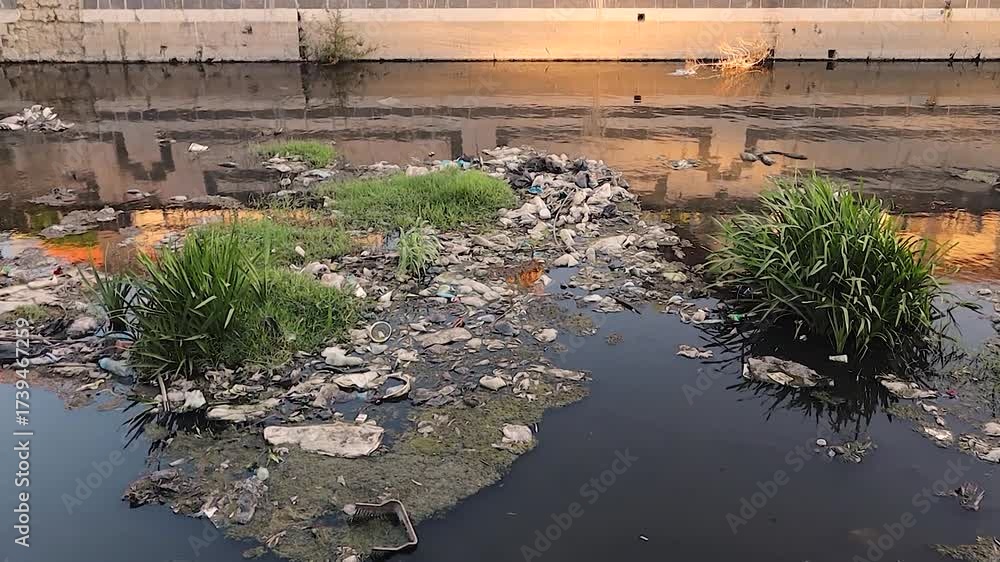 Polluted urban river filled with plastic waste, garbage, and stagnant ...