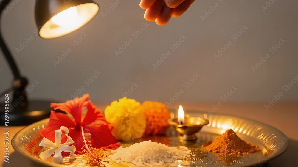Traditional Hindu Pooja Thali Preparation Ritual: Person Offering Rice ...