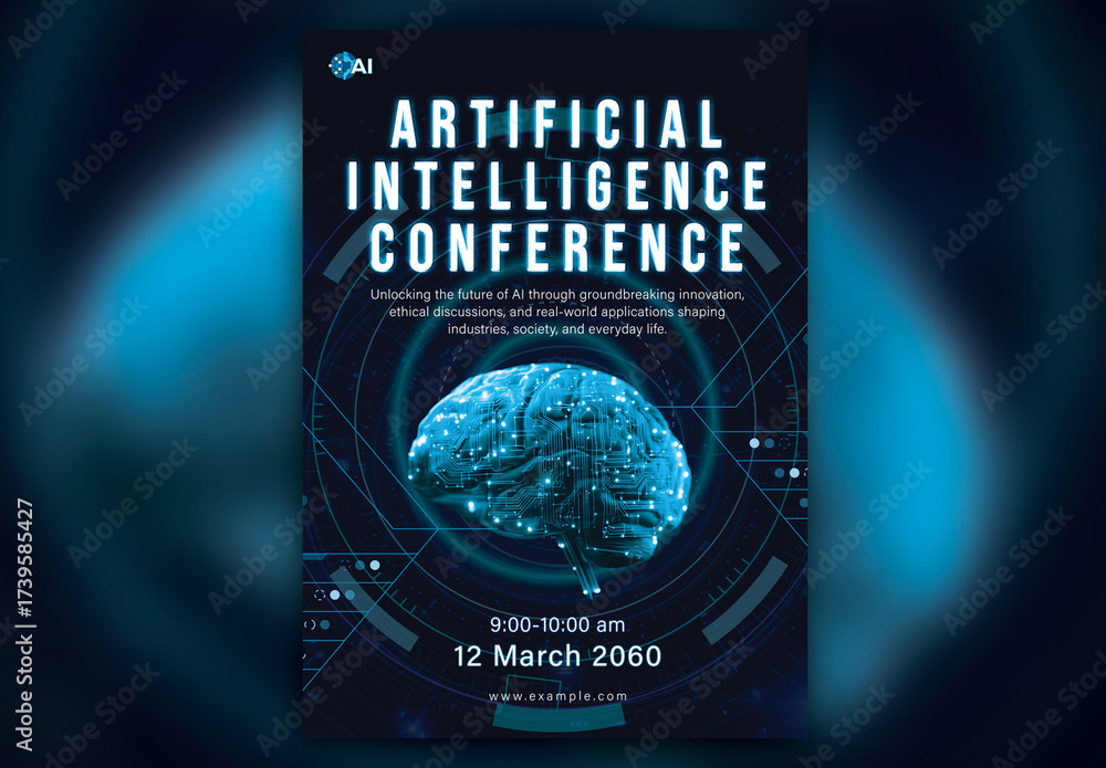 Artificial Intelligence Conference A4 Flyer – Futuristic Neural Brain ...