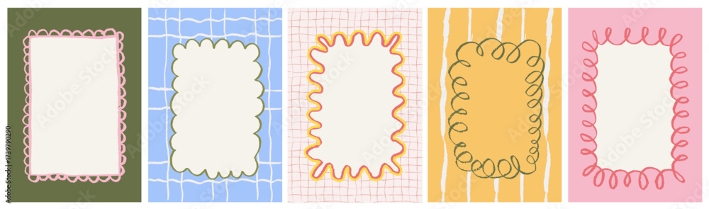 Set of frames with wavy edges. Trendy doodle borders with curved shapes ...