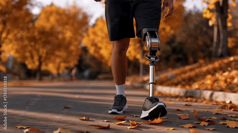 Man with a prosthetic leg walking in an autumn park, showing ...