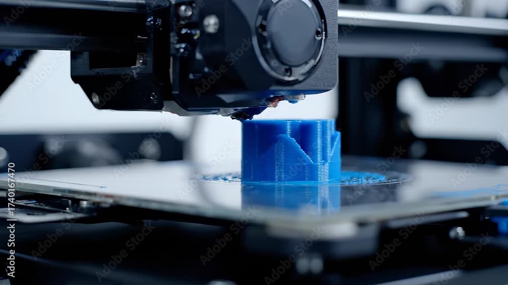 A 3D printer creates a blue object on the printer's platform. The 3D ...