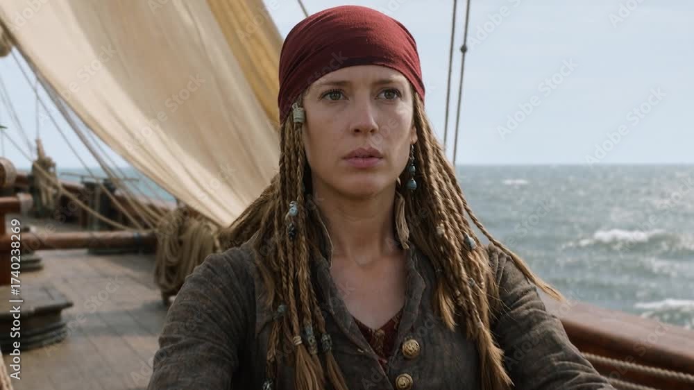 Female pirate steering a wooden ship on the open sea, dressed in ...