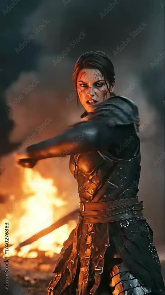 Fierce female warrior in battle armor with scars fire sparks intense ...