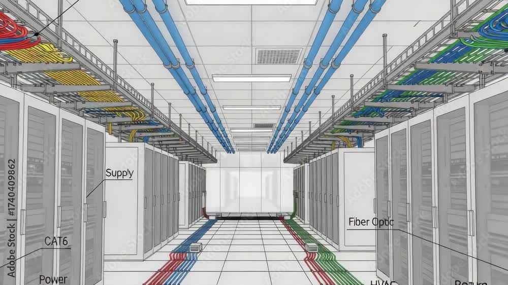 Detailed server room diagram with rows of racks overhead cable trays ...