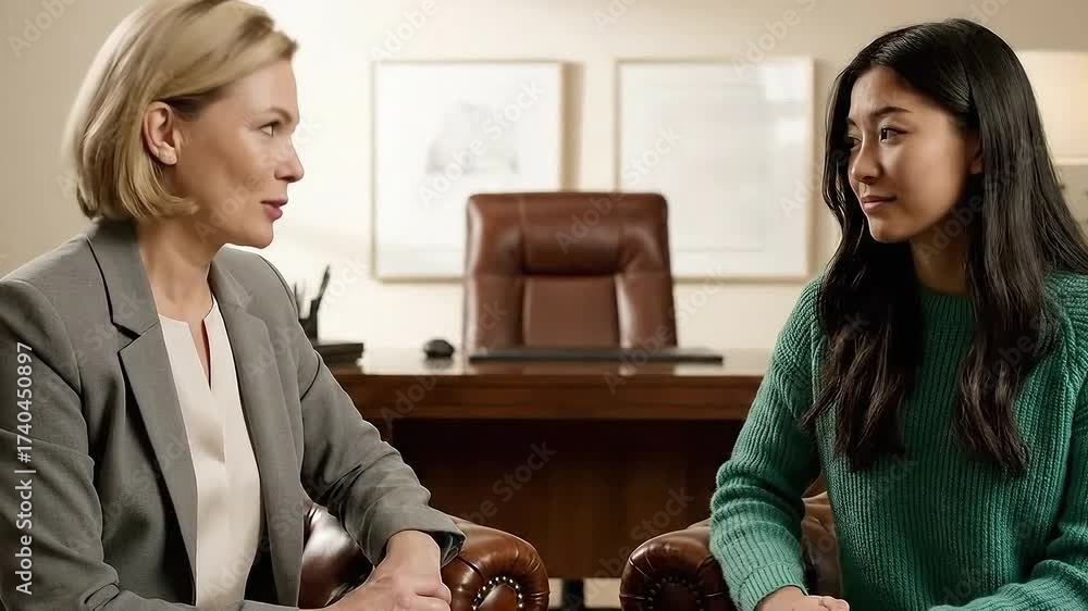 Two Women in Conversation in Office Setting with Desk Chair and Wall ...