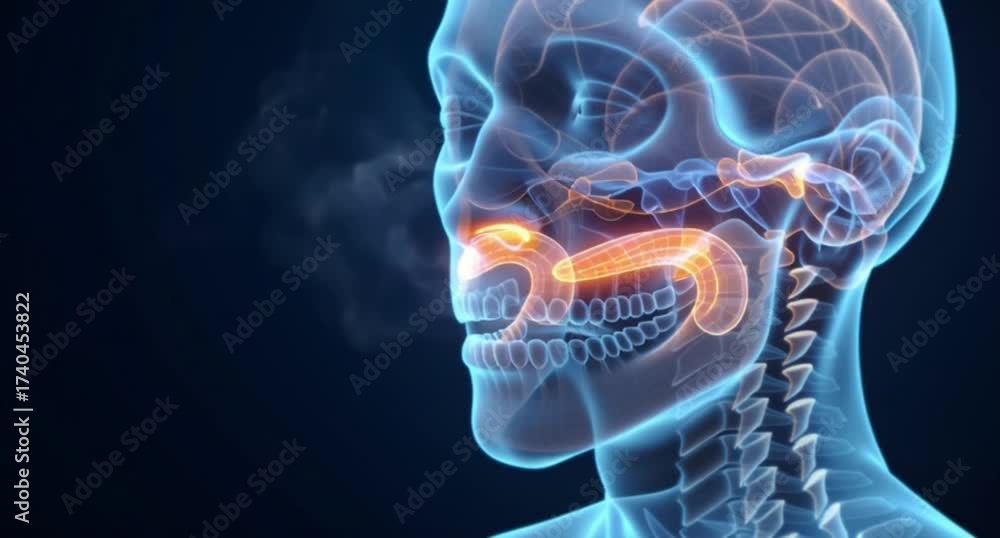 Human head anatomy showing sinus passages and breath exhalation process ...