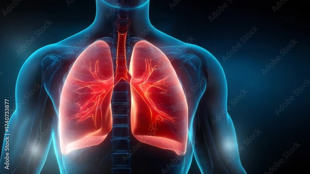 Lung anatomy with glowing bronchial tubes inside transparent chest ...