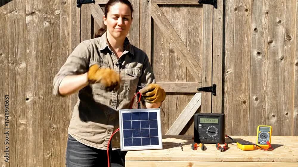 Woman Testing Small Solar Panel Power Output with Multimeter for DIY ...