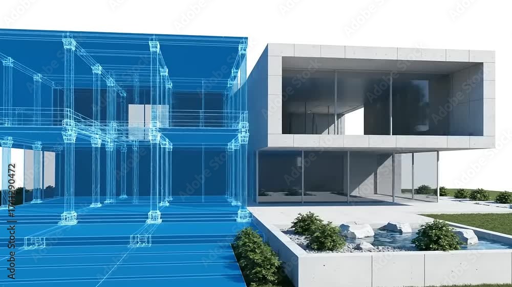 Modern architectural visualization showing a house in a blueprint form ...
