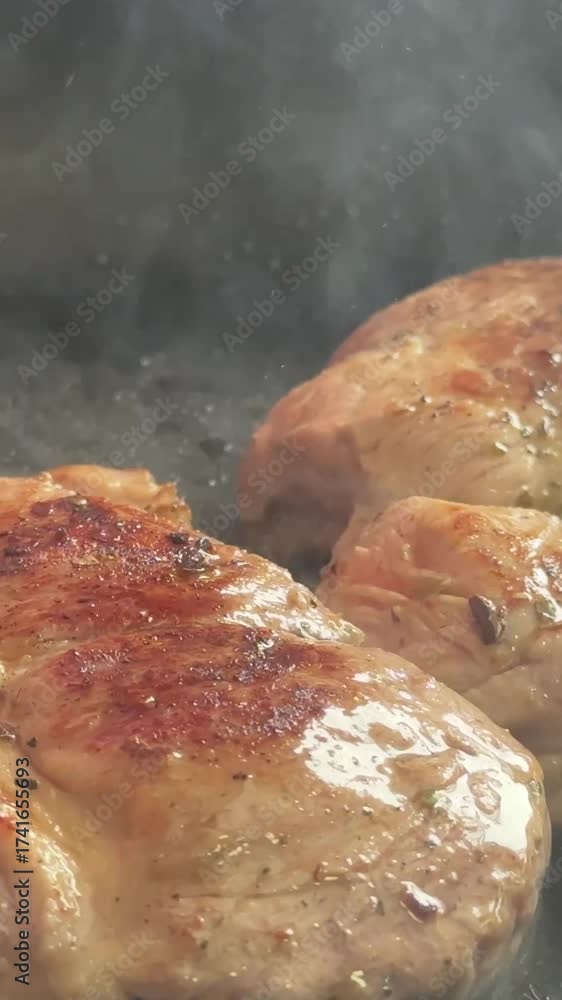 two large steaks are grilled with a lot of smoke pork neck turn meat ...