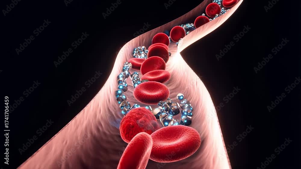 Microplastics in the human body. Blood vessel with plastic particles ...