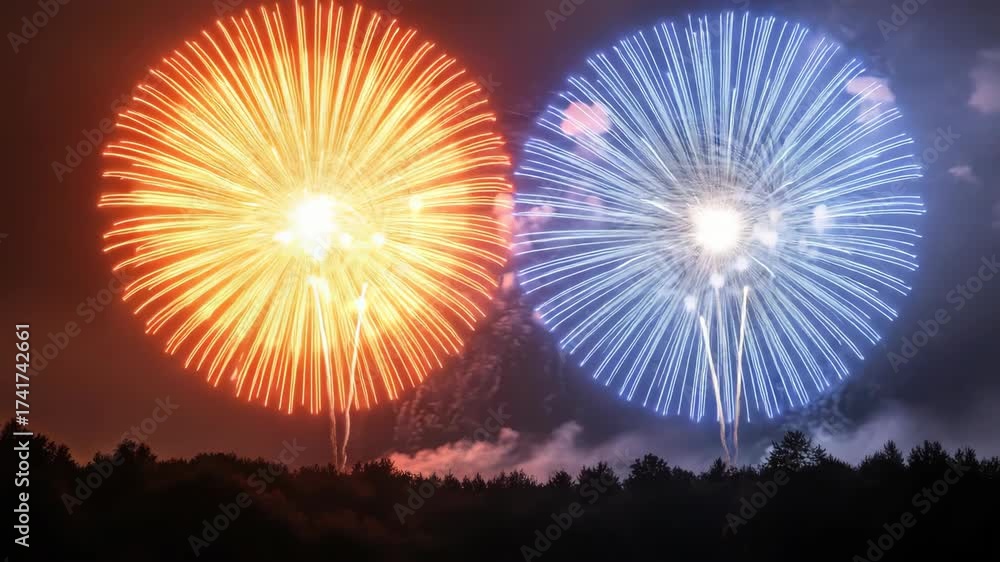 Two brilliant fireworks illuminate the dark night sky Golden-orange ...